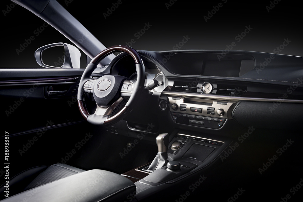 Luxury car inside. Interior of prestige modern car. Comfortable leather ...