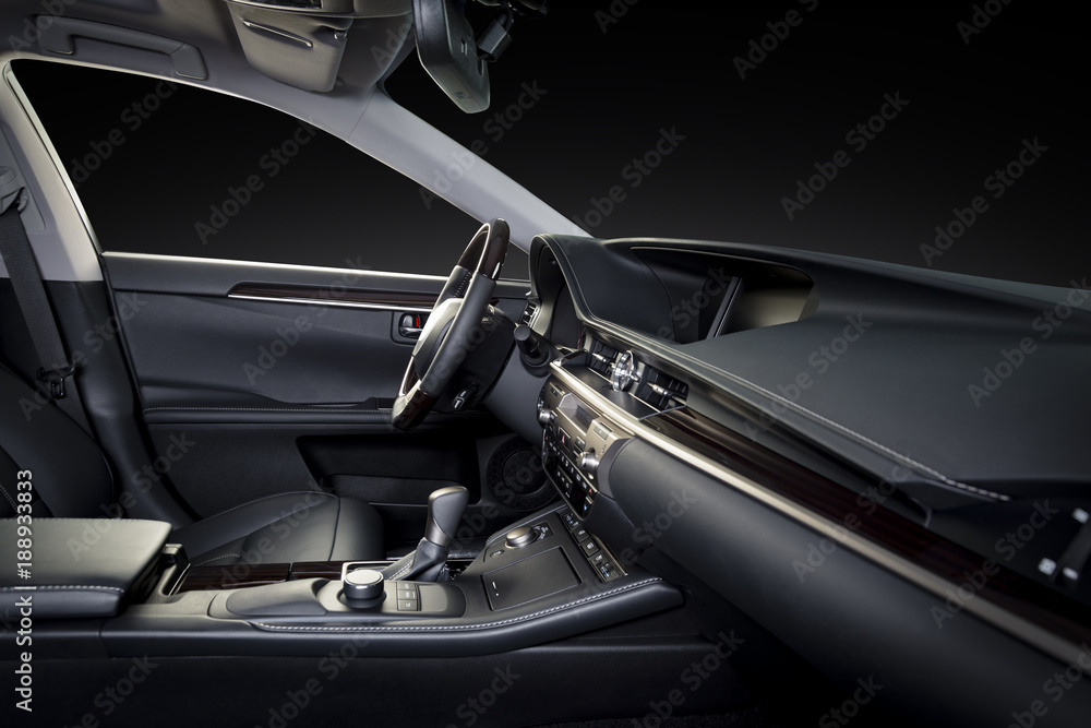 Luxury car inside. Interior of prestige modern car. Comfortable leather ...