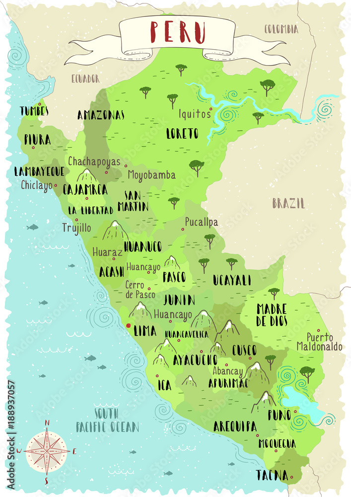Illustrated map of Peru Stock Vector | Adobe Stock
