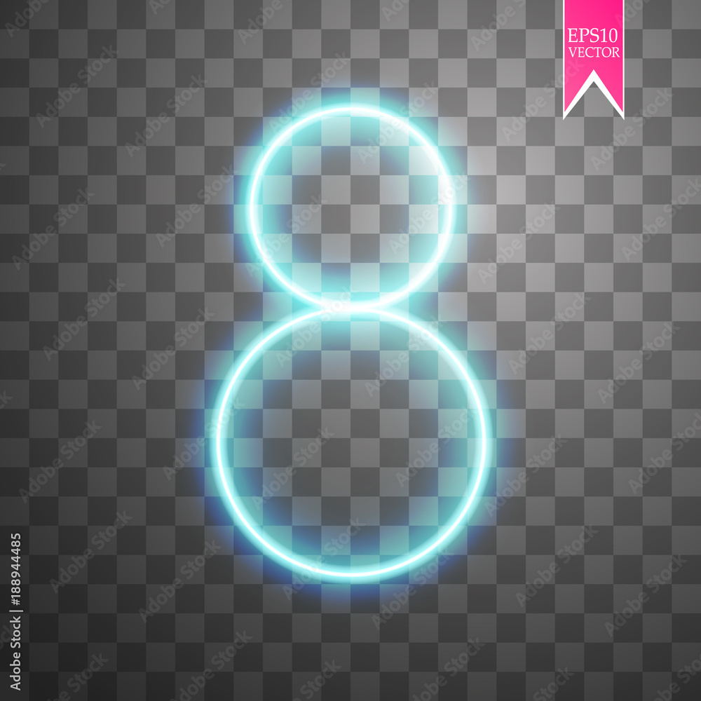 Alphabets Number 8 eight of blue neon on transparent background ...