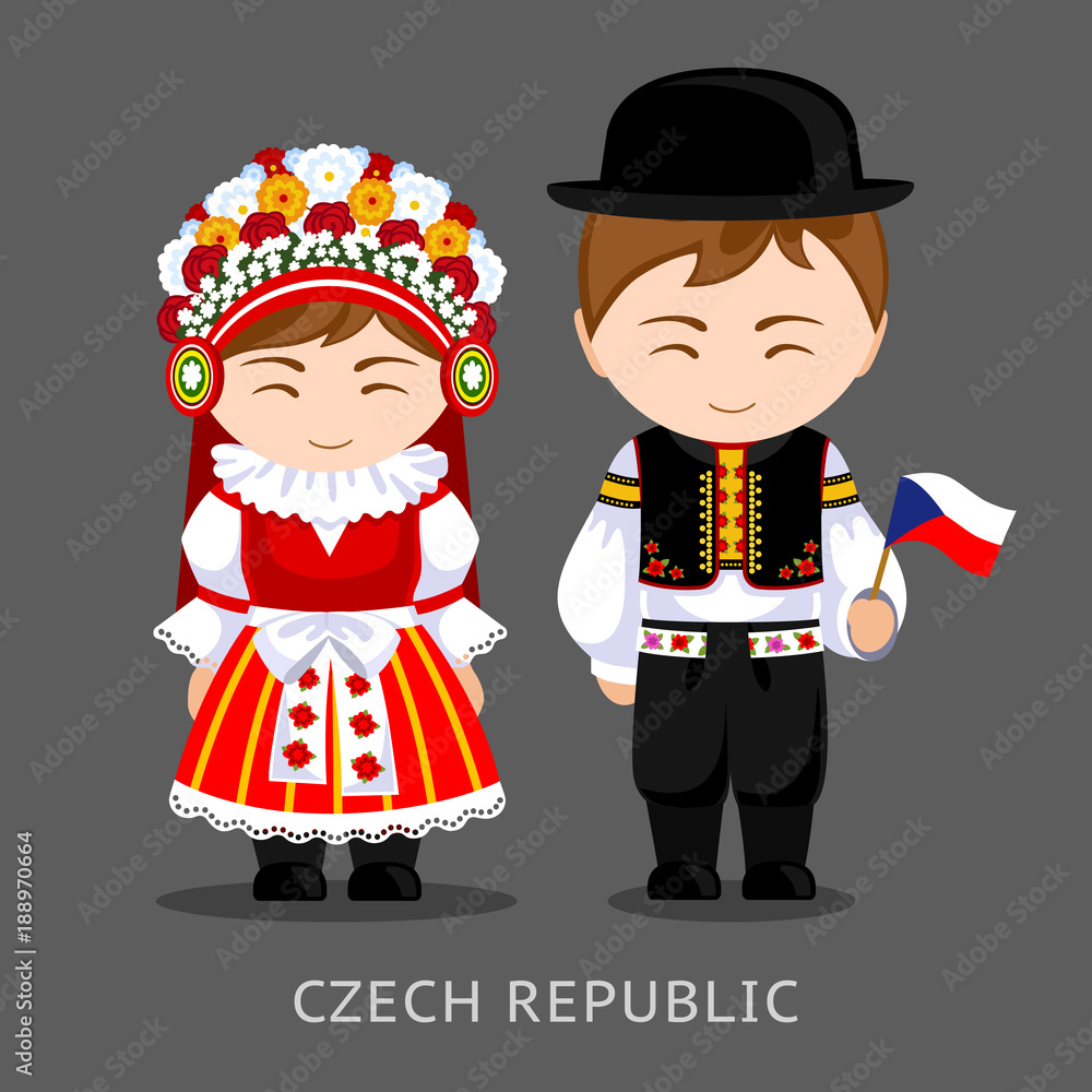Czechs in national dress with a flag. Man and woman in traditional ...