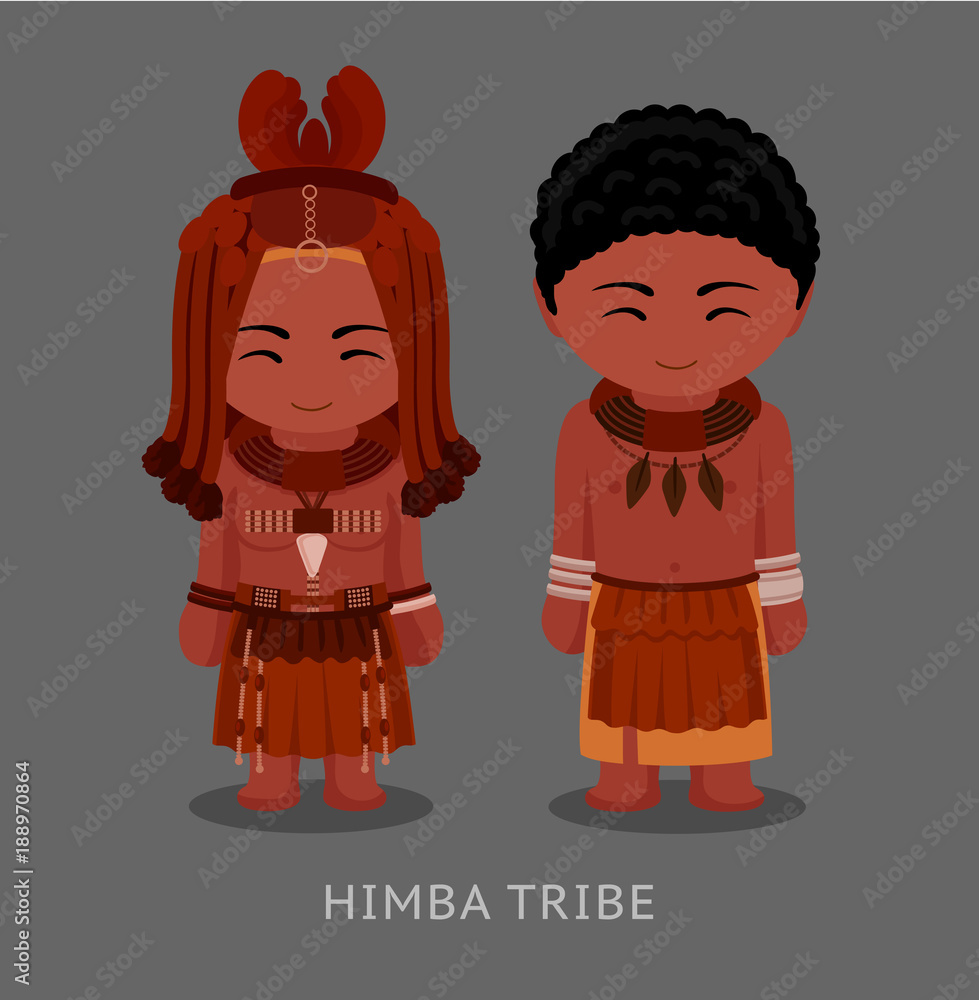 Himba people in traditional costume. Man and woman, boy and girl. Cute ...