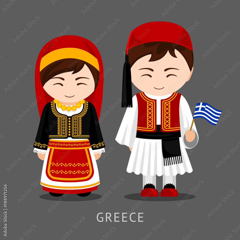 Greeks in national dress with a flag. Man and woman in traditional ...