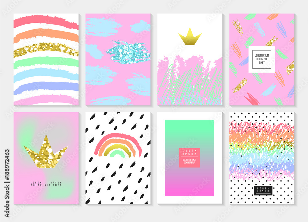 Abstract Card Template Set with Golden Glitter and Pink Hand Drawn ...