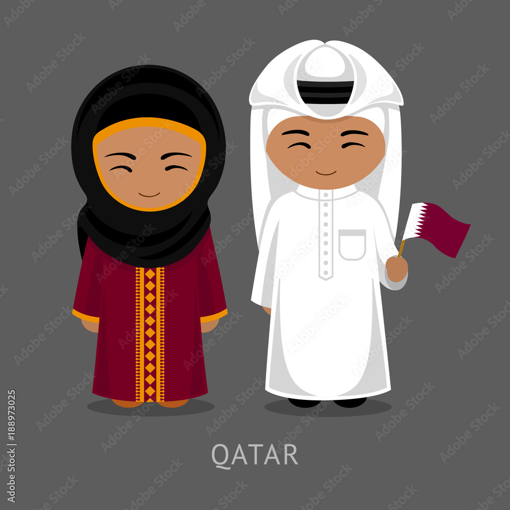Travel to Qatar. People in national dress with a flag. Man and woman in ...
