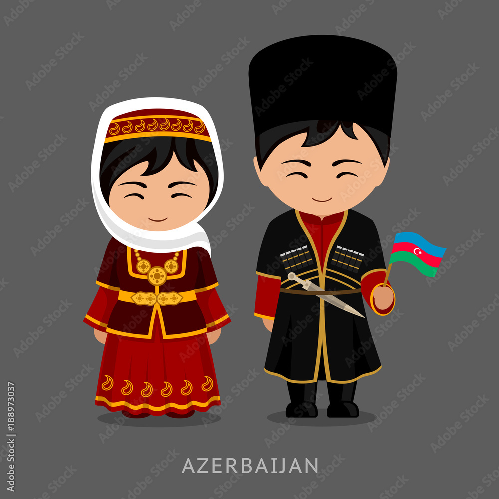 Azerbaijanis in national dress with a flag. Man and woman in ...