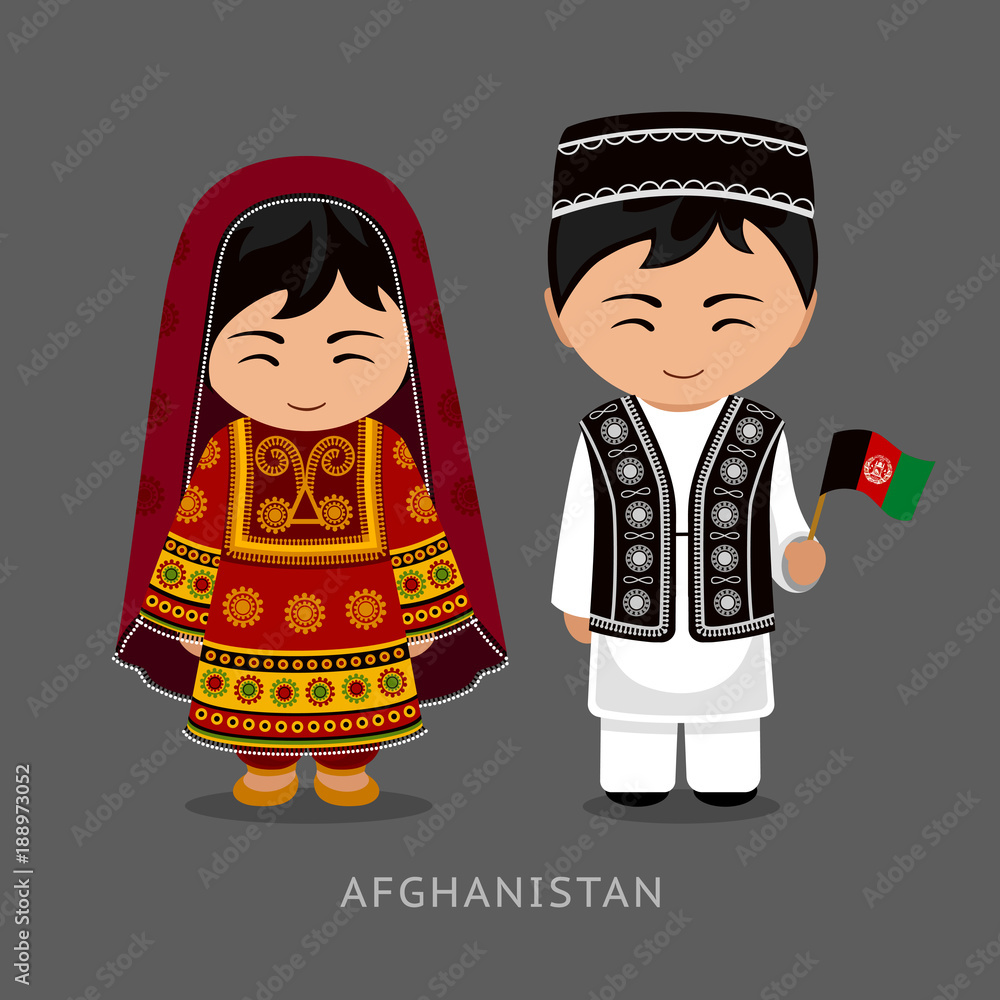 Afghans in national dress with a flag. Man and woman in traditional ...