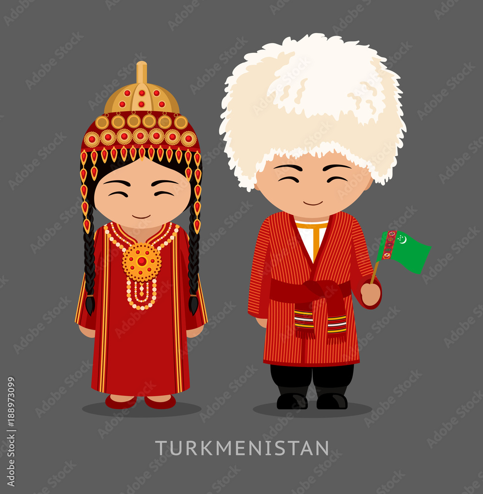Turkmens in national dress with a flag. Man and woman in traditional ...