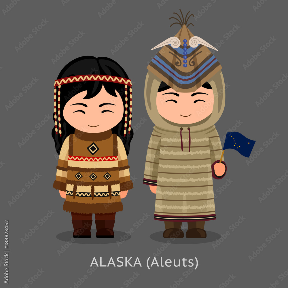 Aleuts in national clothes with a flag. Man and woman in traditional ...