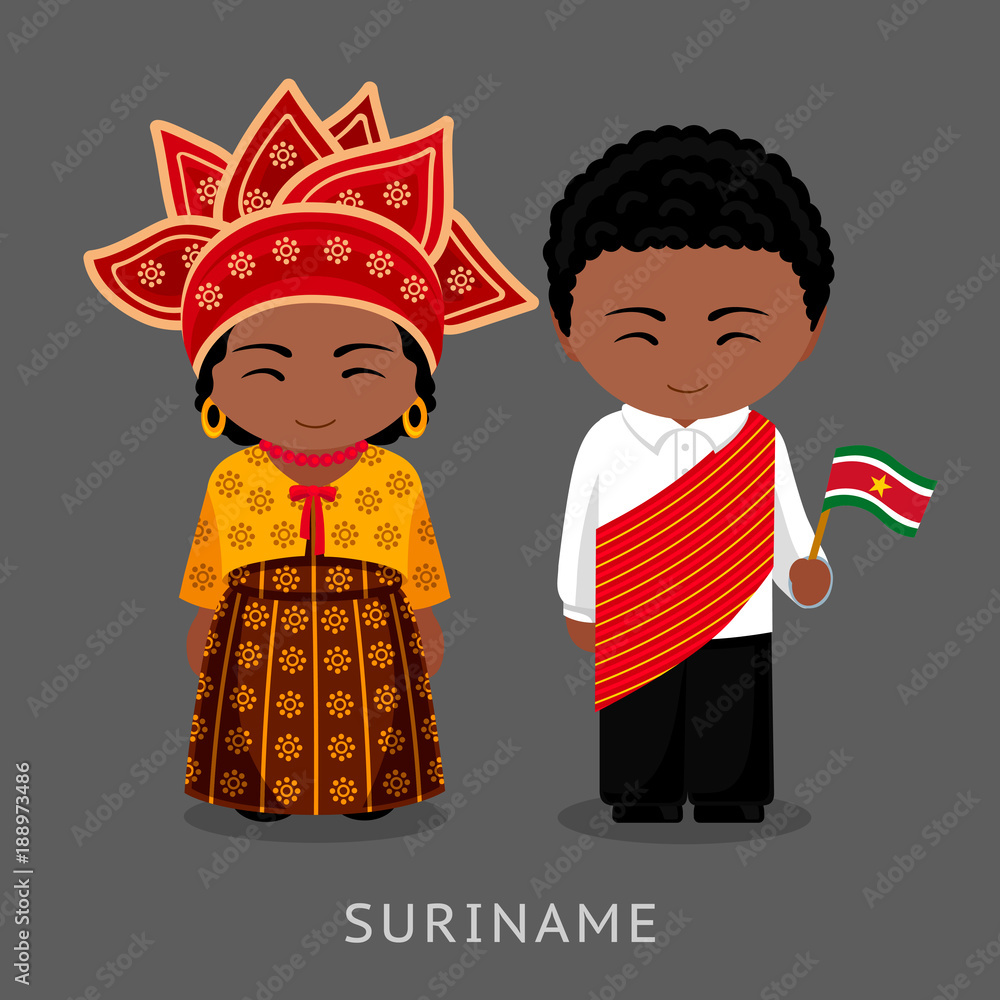 Surinamese in national dress with a flag. Man and woman in traditional ...
