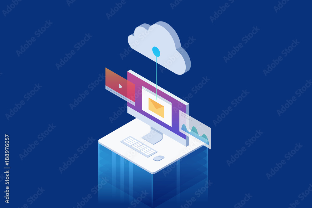 Isometric concept of Lcd monitor with different applications: web chart ...