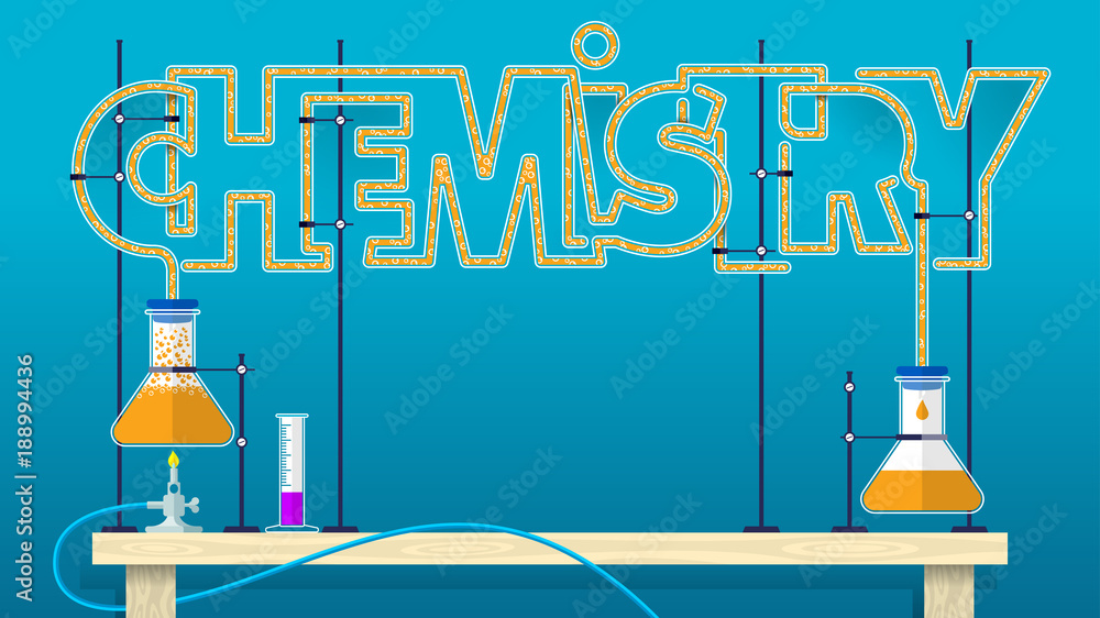 CHEMISTRY lettering. Chemical word letters formed by glass tubes with ...