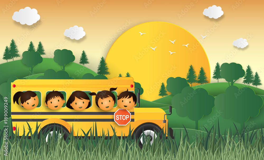 paper art concept of welcome back to school! School bus with cute kids ...
