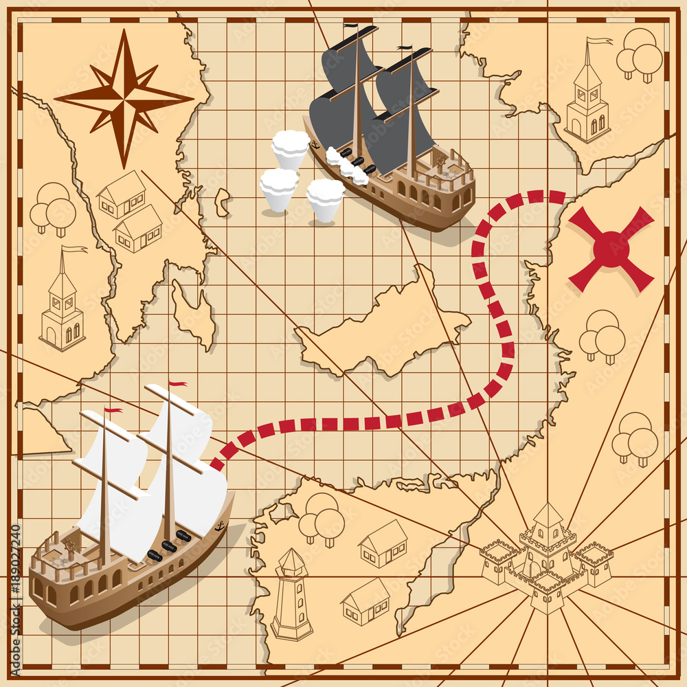 Pirate map with the route to the treasures. Isometric. Vector ...