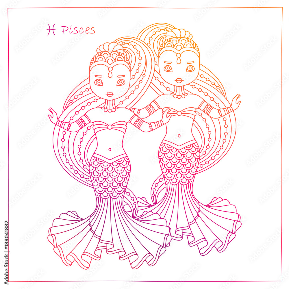vector hand drawing color illustration of the Pisces zodiac sign. May ...