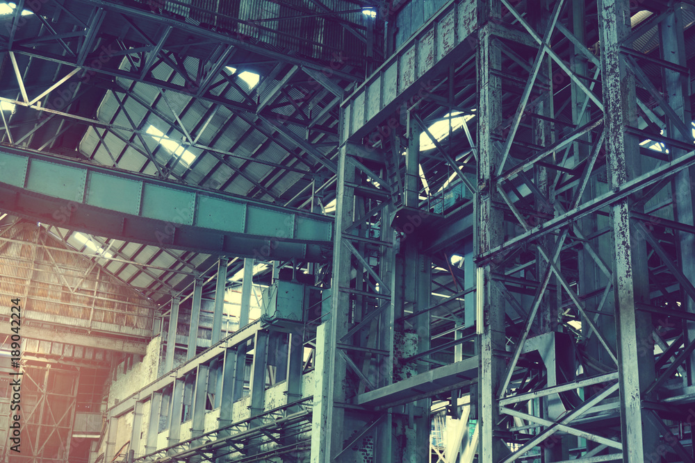 Inside of old abandon factory. A structure interior of industry ...