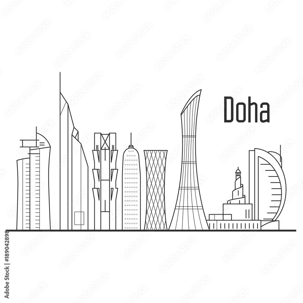 Doha city skyline - downtown cityscape, Qatar landmarks in liner style ...