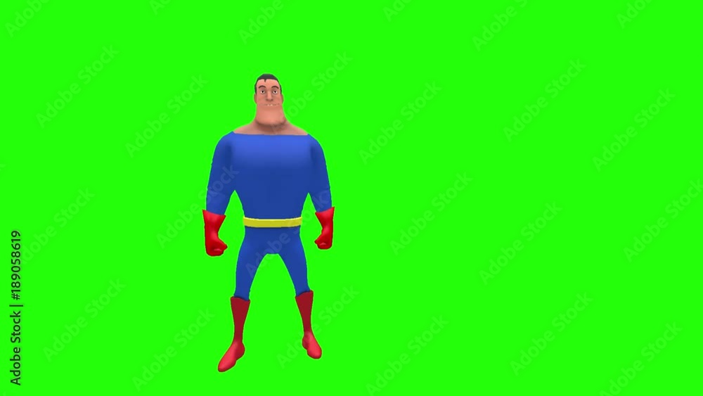 Happy cheerful animated superhero strongman cartoon character performs ...