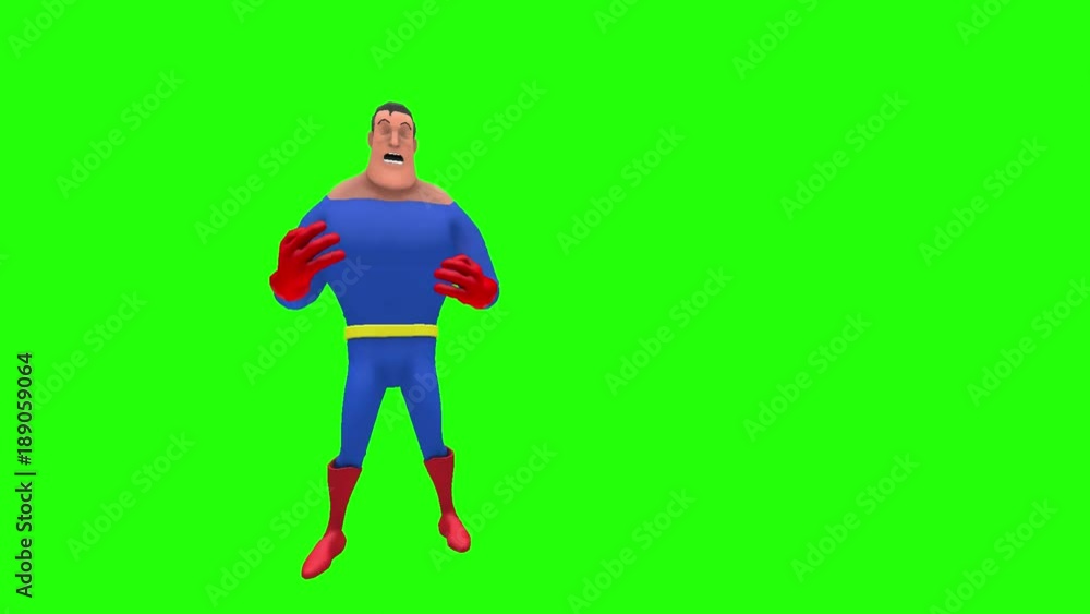 Scared timid animated superhero strongman cartoon character in front of ...