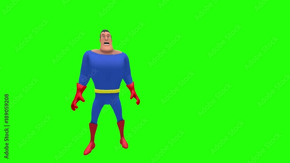 Cowering paranoid animated superhero strongman cartoon character stands ...