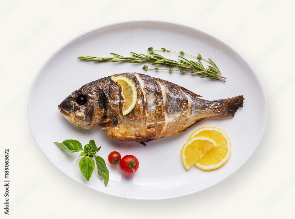 Fish dish isolated on white background Stock Photo | Adobe Stock