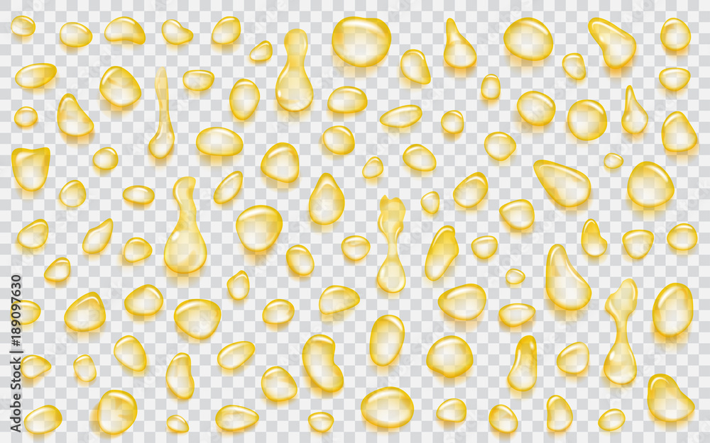 Set of yellow translucent water drops of different shapes with shadows ...