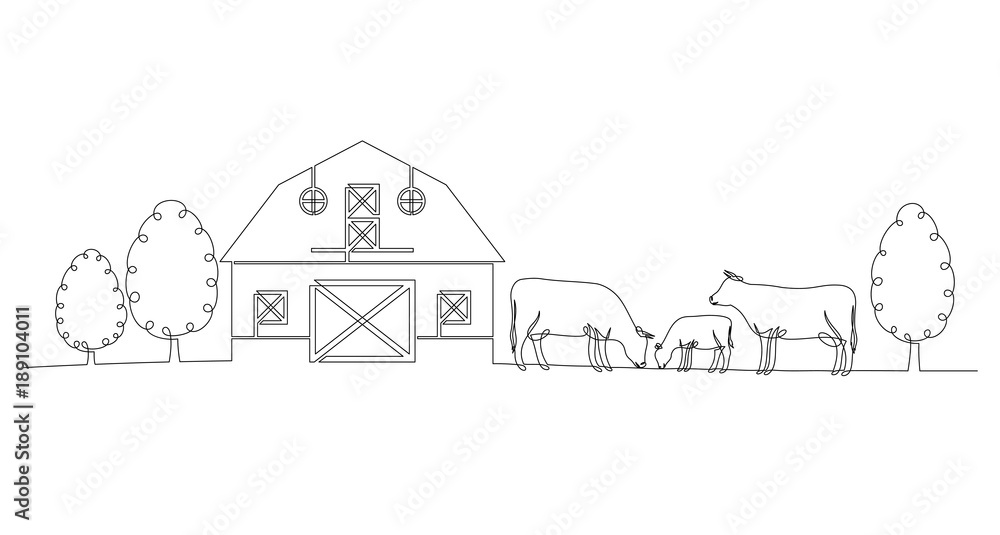 Continuous line drawing of farm, cow and calf Stock Vector | Adobe Stock