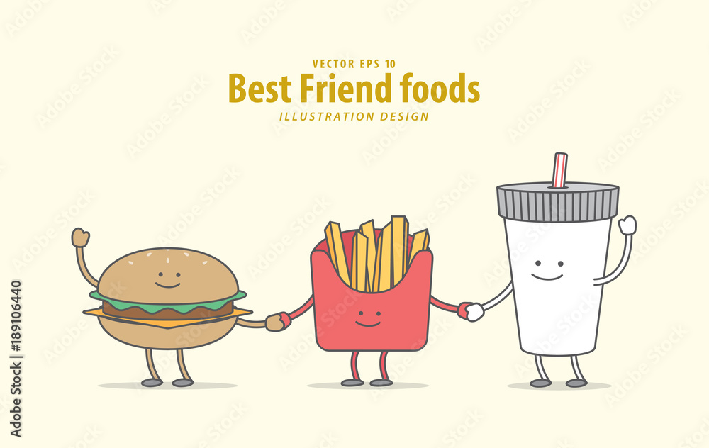 Cartoon character of Burger, French fries, Soda illustration vector on ...
