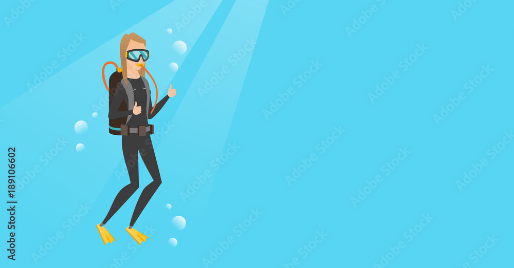 Young caucasian white woman in diving suit swimming underwater with ...