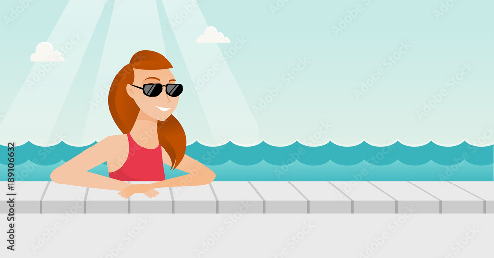 Cheerful caucasian white woman relaxing in the swimming pool at resort ...