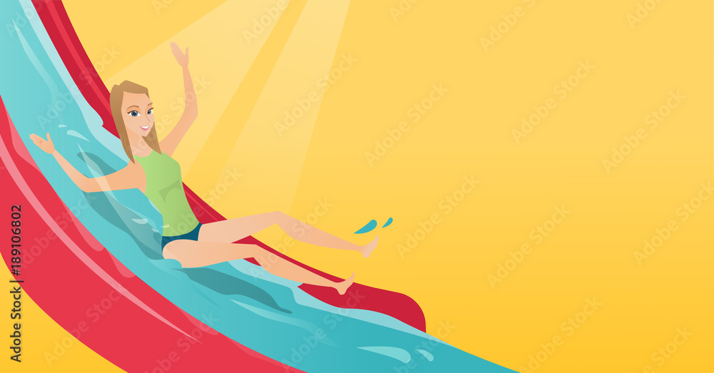 Young caucasian white woman riding down a waterslide in aquapark. Woman ...