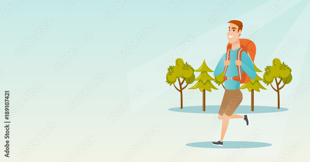 Young caucasian white backpacker with a backpack walking outdoor ...