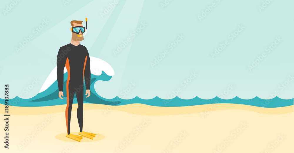 Young caucasian white scuba diver in diving suit, flippers, mask and ...