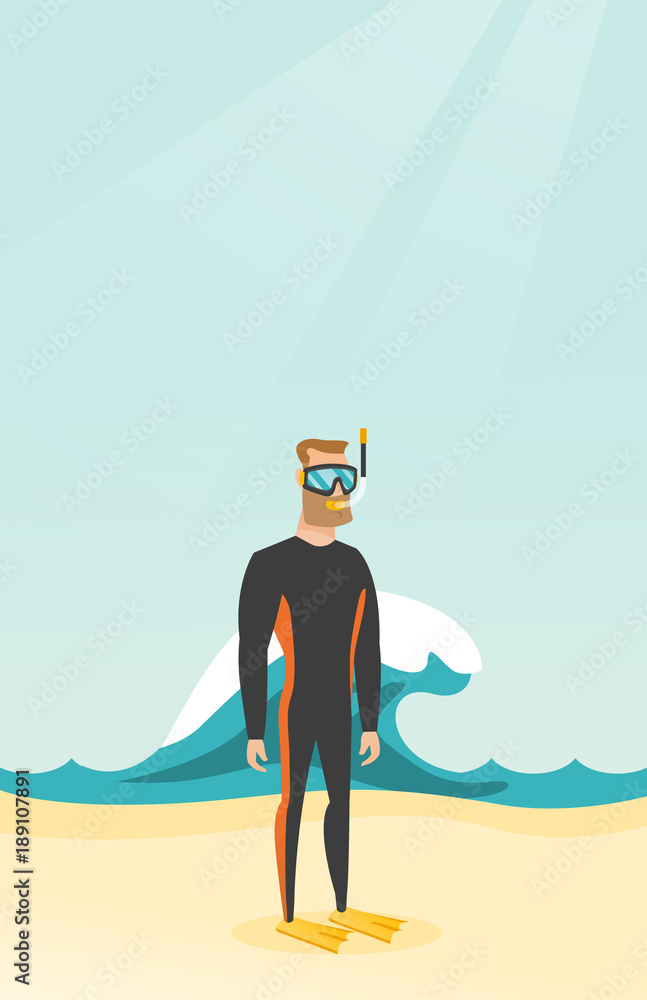 Young caucasian white scuba diver in diving suit, flippers, mask and ...