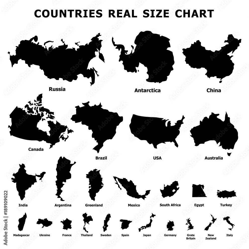 Countries real size chart icons set, simple style vector de Stock ...