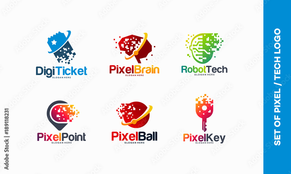 set of Pixel Tech logo designs concept, Digital Ticket, Pixel Brain ...