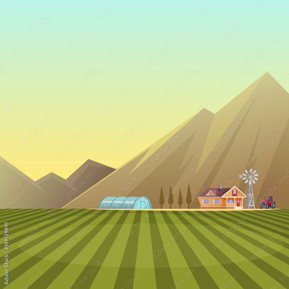 Farm and countryside landscape on mountain background. Vector cartoon ...