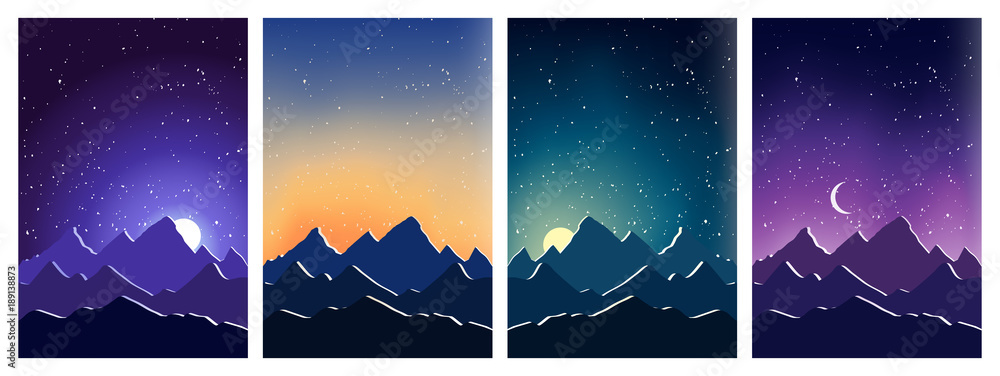 Beautiful mountains landscapes in colorful starry night. Set of stylish ...