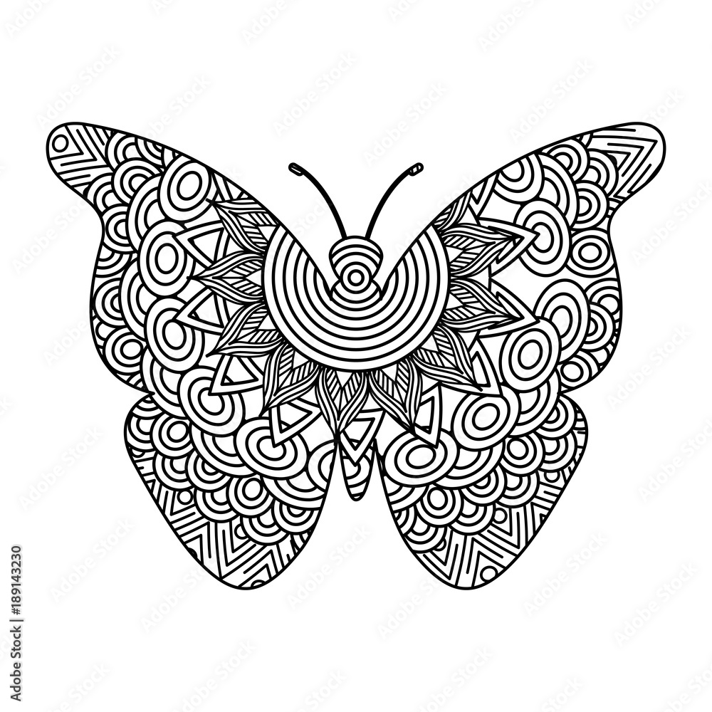 Hand Drawn For Adult Coloring Pages With Butterfly Zentangle Monochrome