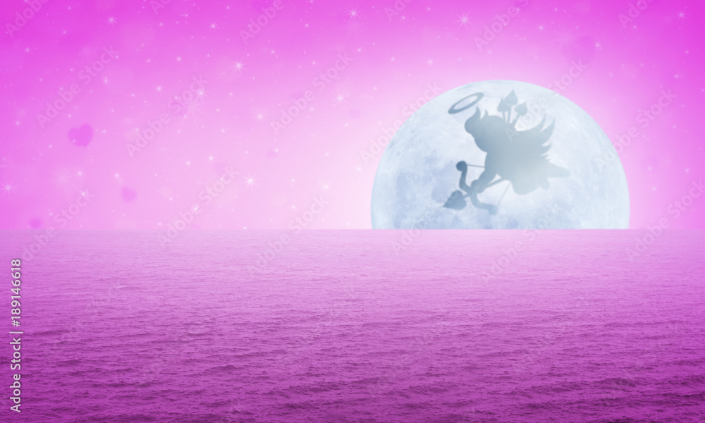 Cupid shadow on moon over sea, fantasy night pink love heart sky with ...