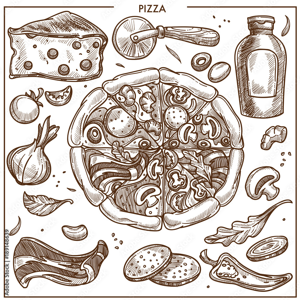 Pizza ingredients sketch vector icons for Italian pizzeria restaurant ...