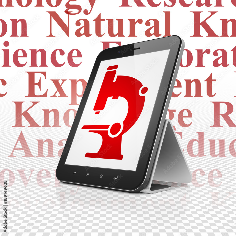 Science concept: Tablet Computer with red Microscope icon on display ...