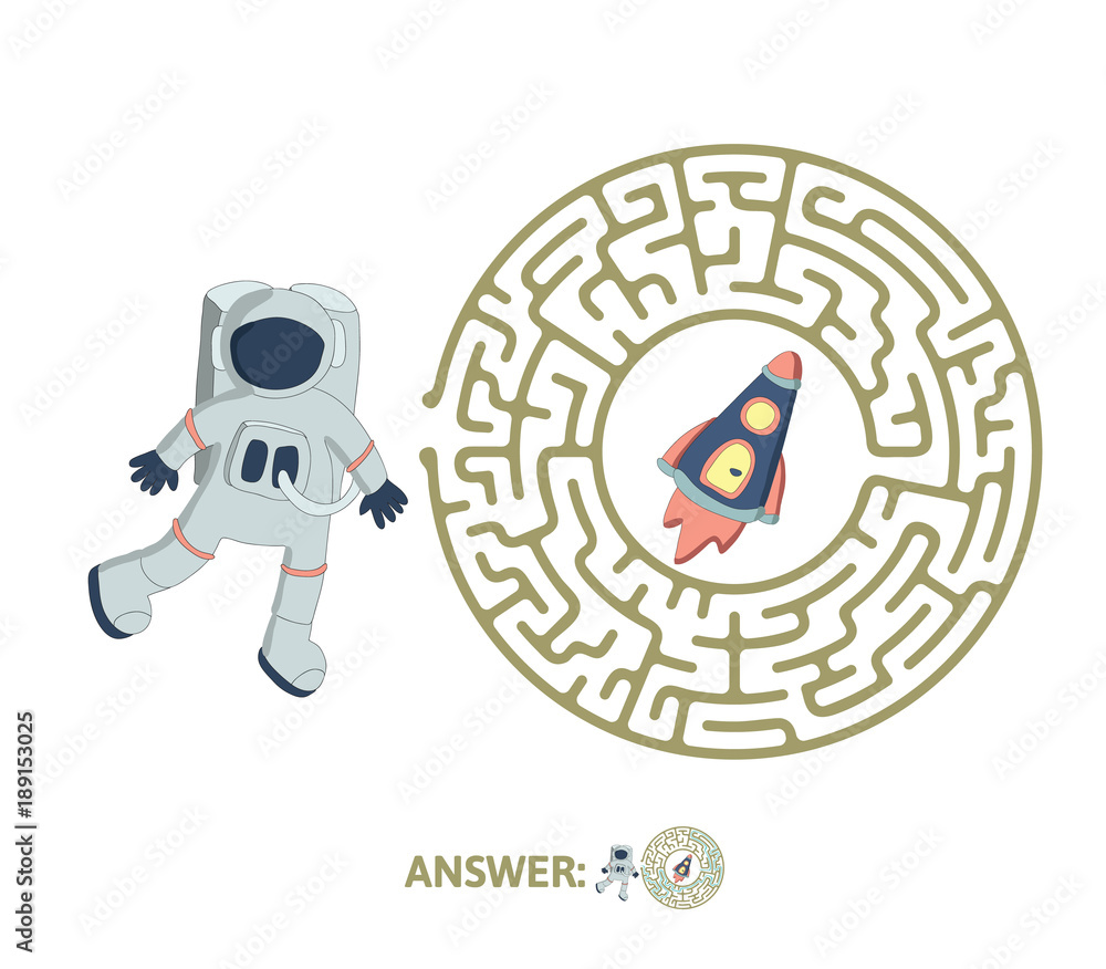 Children's round maze with astronaut and rocket. Cute puzzle game for ...
