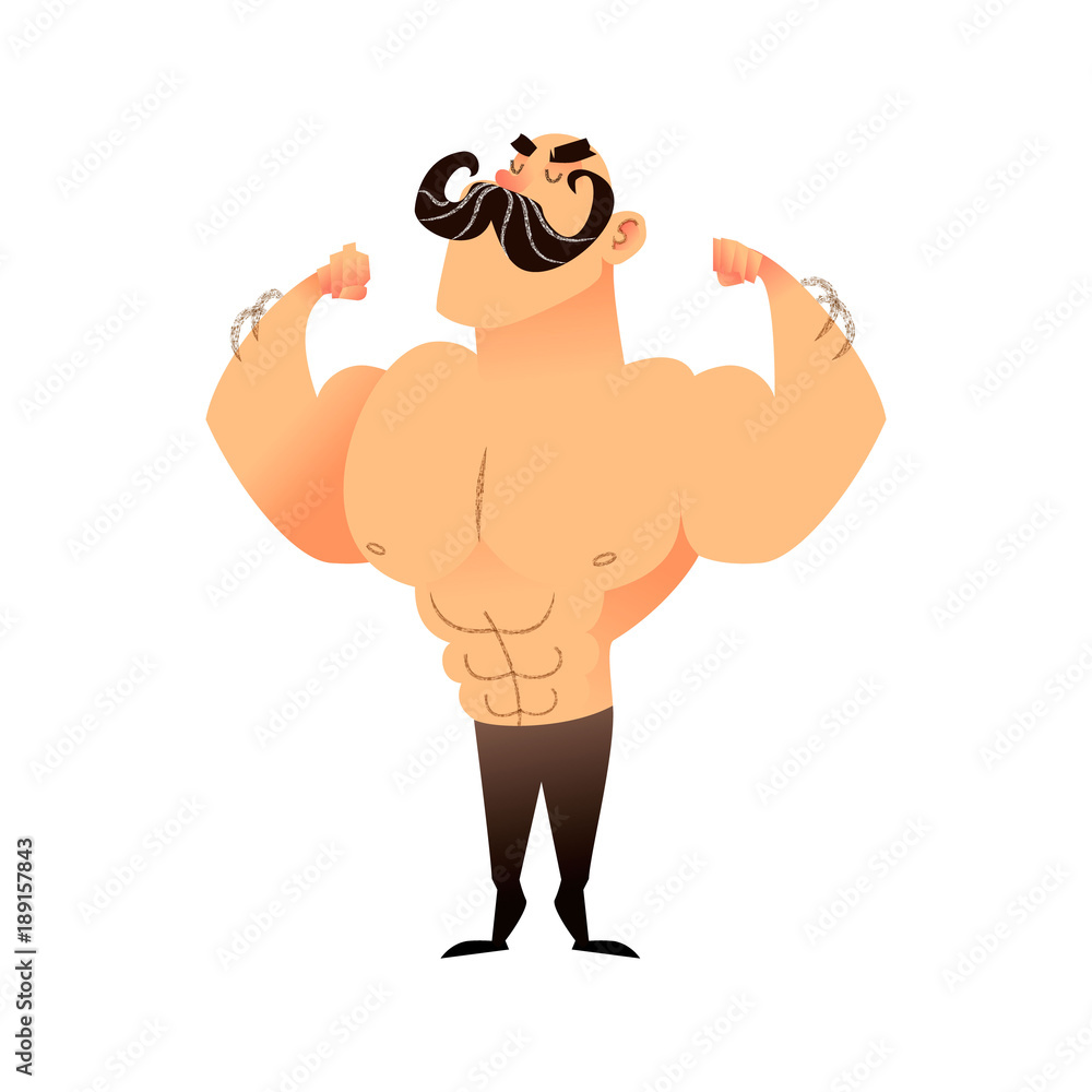 Cartoon muscular brutal man with a mustache. Funny athletic guy. Bald ...