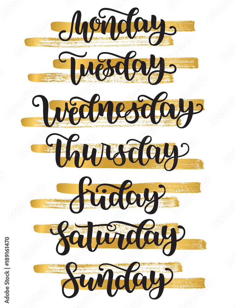 Lettering Days of Week Sunday, Monday, Tuesday, Wednesday, Thursday ...