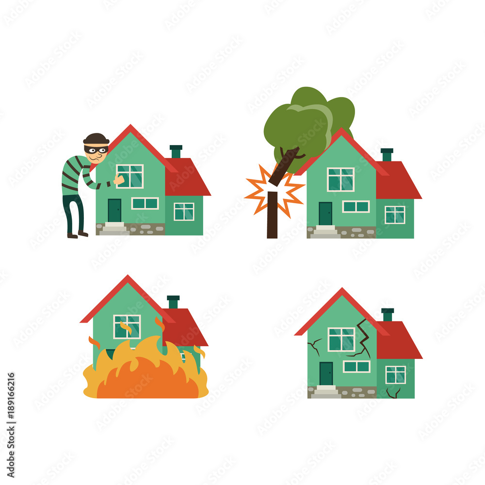 Vector flat house insurance concept set. House being damaged by fire ...