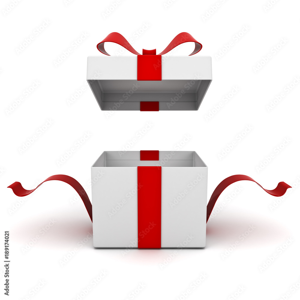 Open gift box , present box with red ribbon bow isolated on white ...
