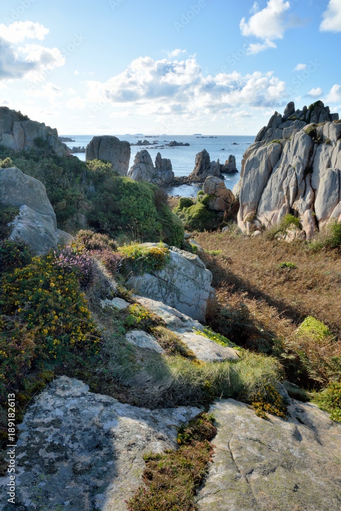 La côte et ses rochers pointus à Plougrescant Pors-Scaff en Bretagne ...