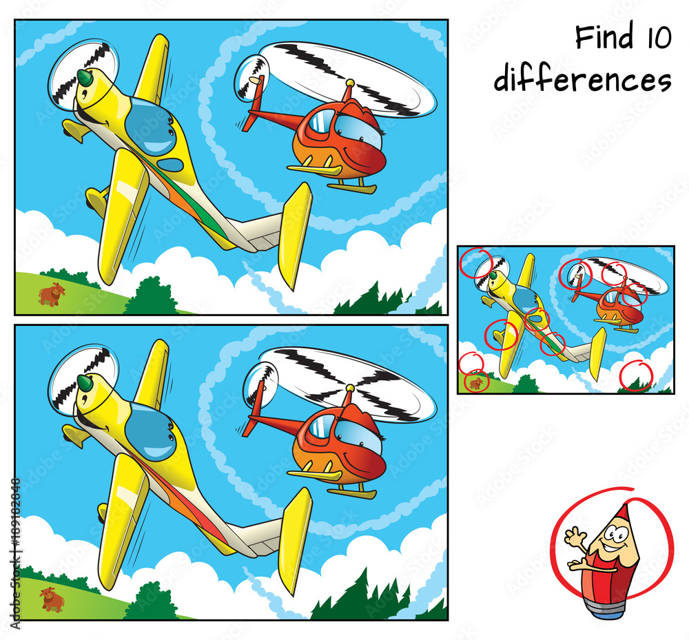 A small airplane boy and a helicopter girl. Find 10 differences ...