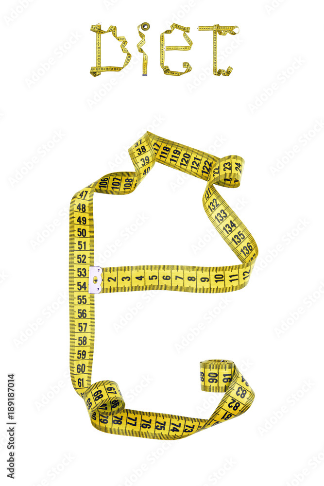 Letter E isolated on white background. Yellow measuring tape texture ...
